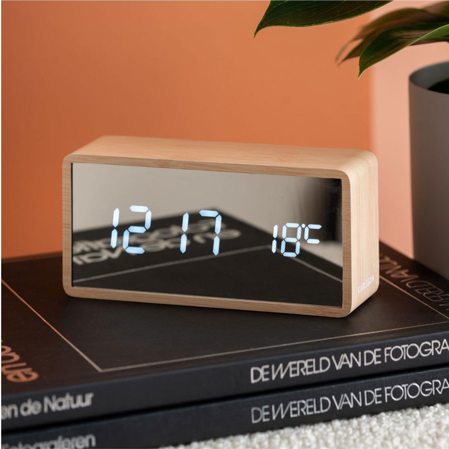 Karlsson Silver Mirror Alarm Clock - Light Wood - Karlsson LED Alarm ...