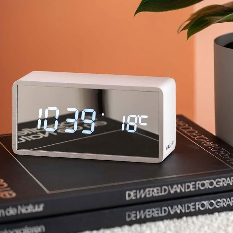 Karlsson Silver Mirror Alarm Clock - White Wood - Karlsson LED Alarm ...